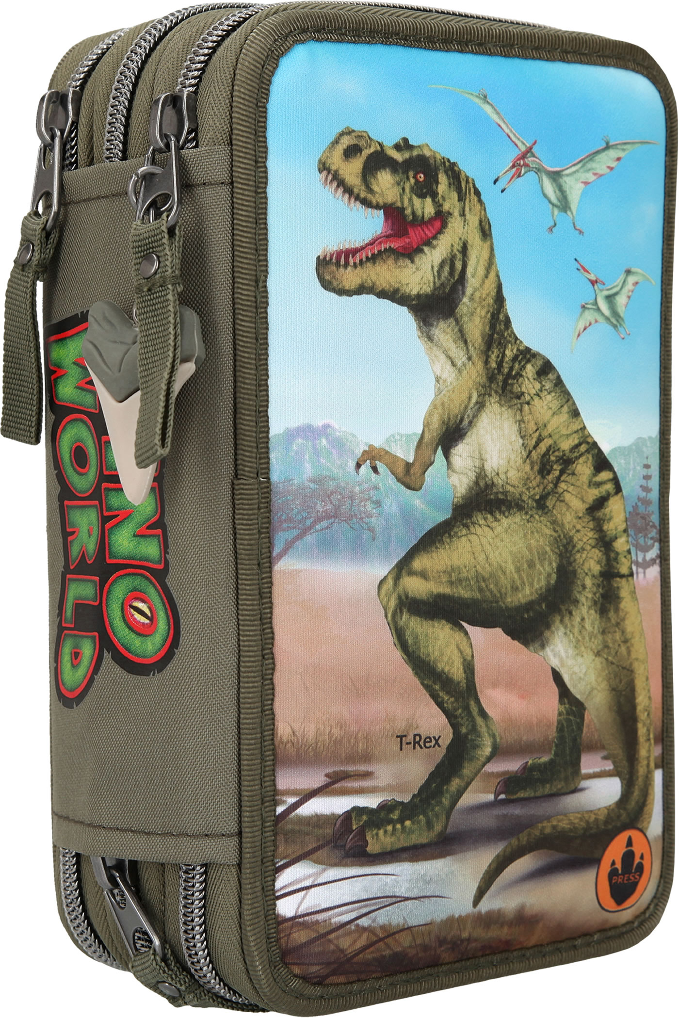 DINO WORLD Federtasche mit drei Fächern gefüllt mit LED T-Rex oliv ...